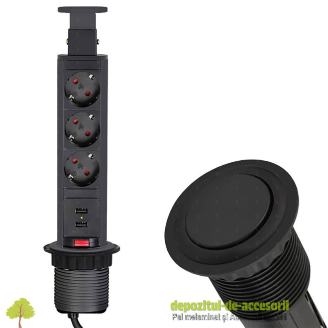 Priza mobila retractabila LIFT BOX 3 prize shuco si 2 USB negru